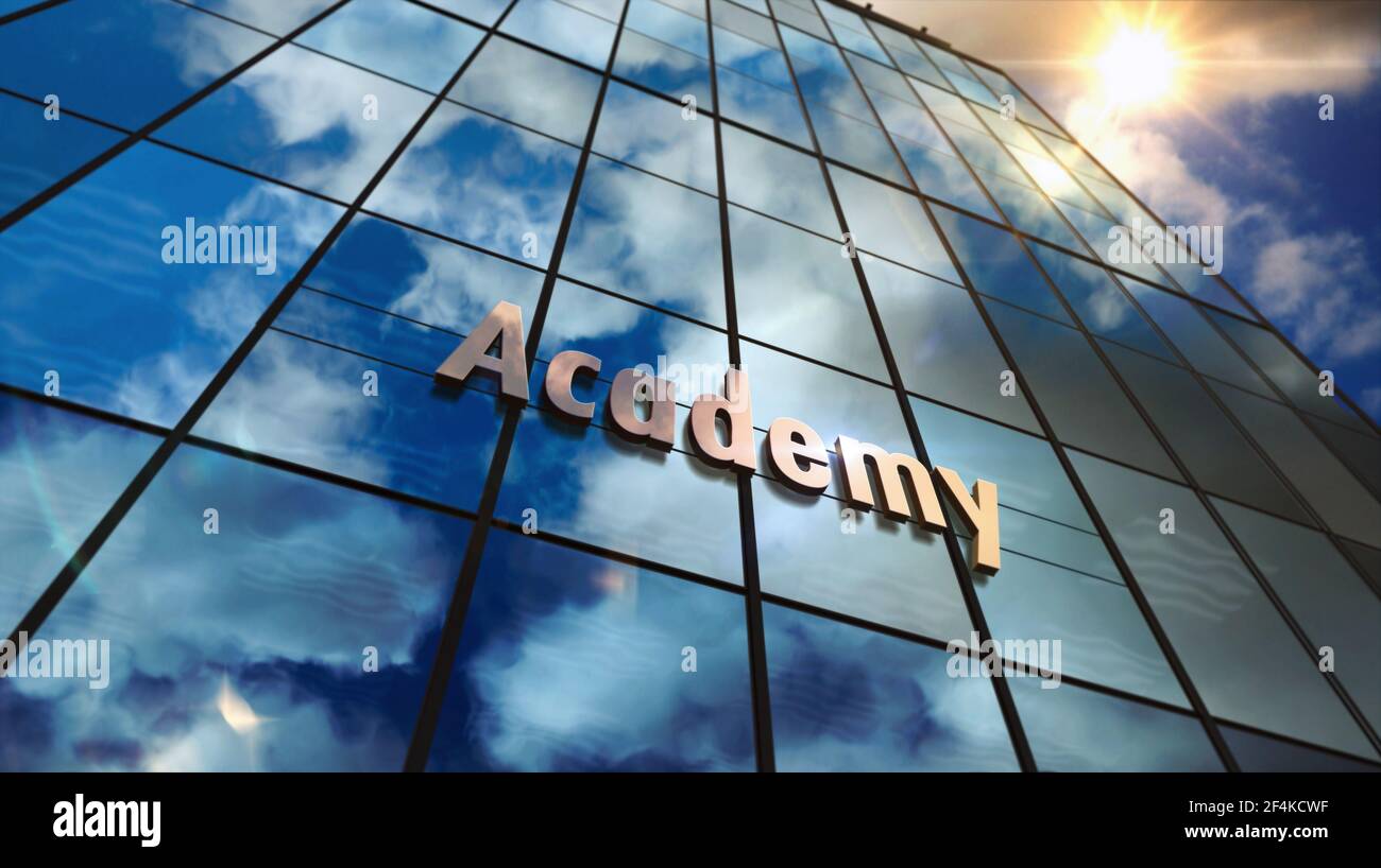 Academy on glass building. Mirrored sky and city modern facade. Public ...