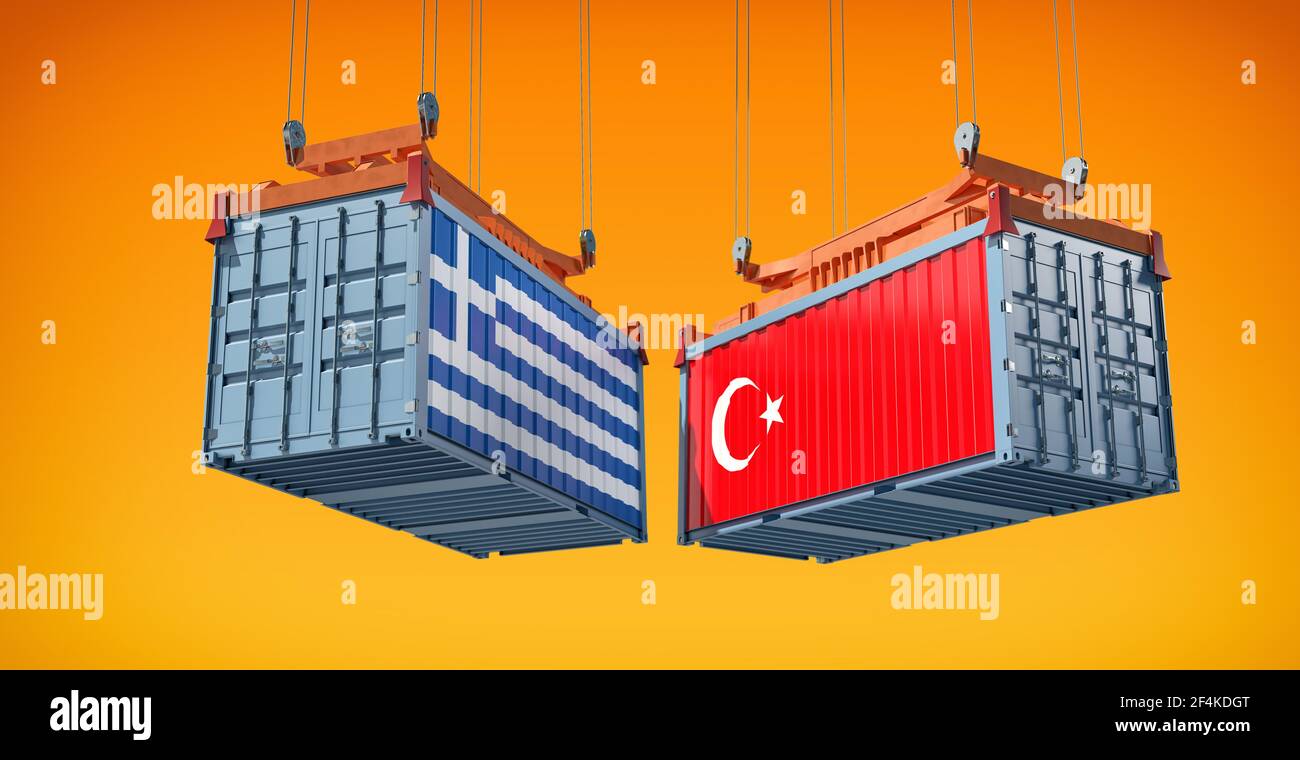 Freight containers with Turkey and Greece flag. 3D Rendering Stock ...