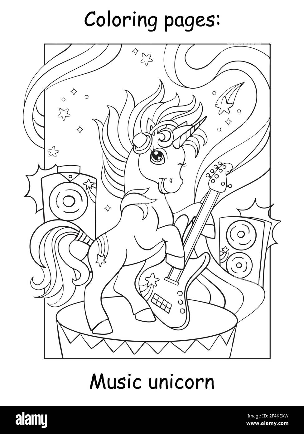 Cute and cool unicorn with guitar. Coloring book page for children ...
