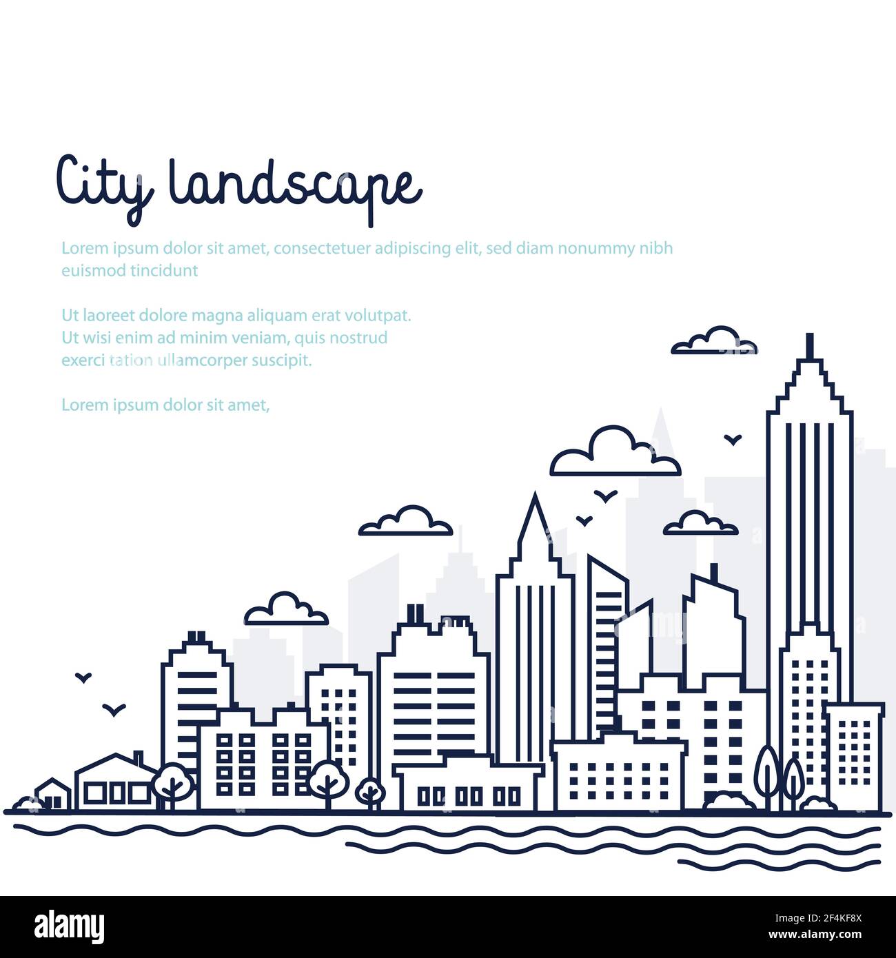 City landscape template. Thin line City landscape. Downtown landscape ...