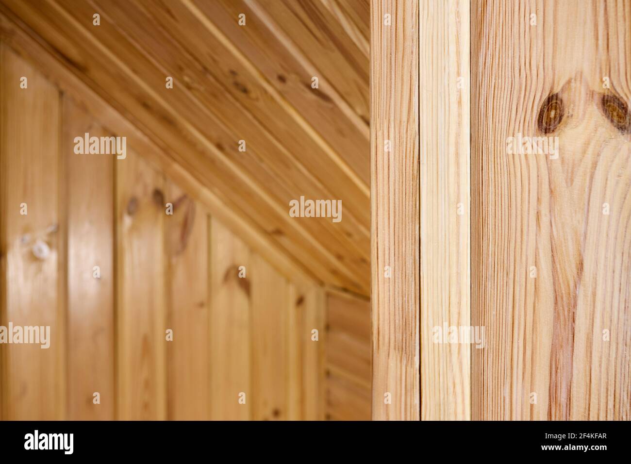 Interior carpentry closeup background. Softwood clapboard, batten ...