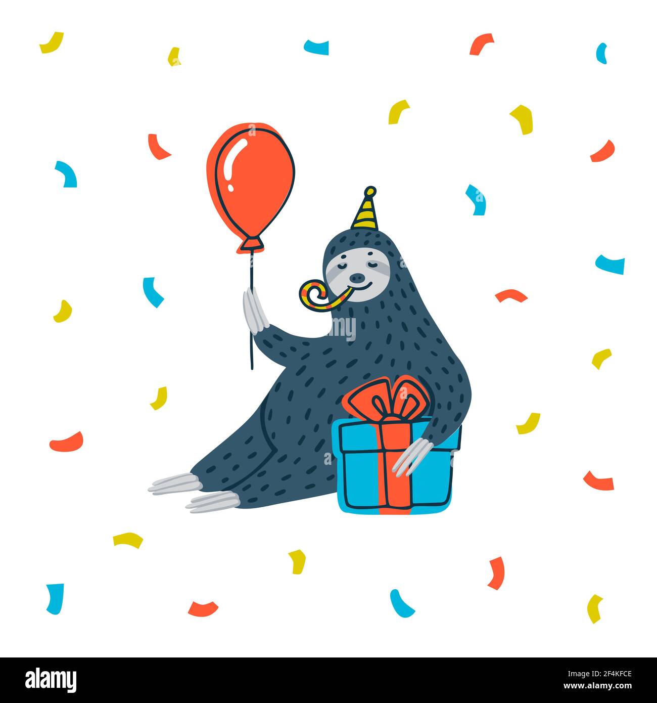 Animal party. Lazy sloth party. Cute sloth with gift and baloon. Vector ...