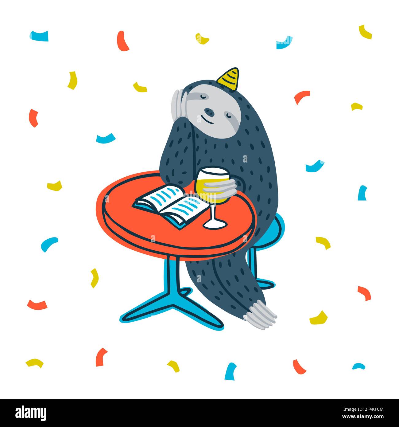Animal party. Lazy sloth party. Cute sloth sitting at a table with book ...