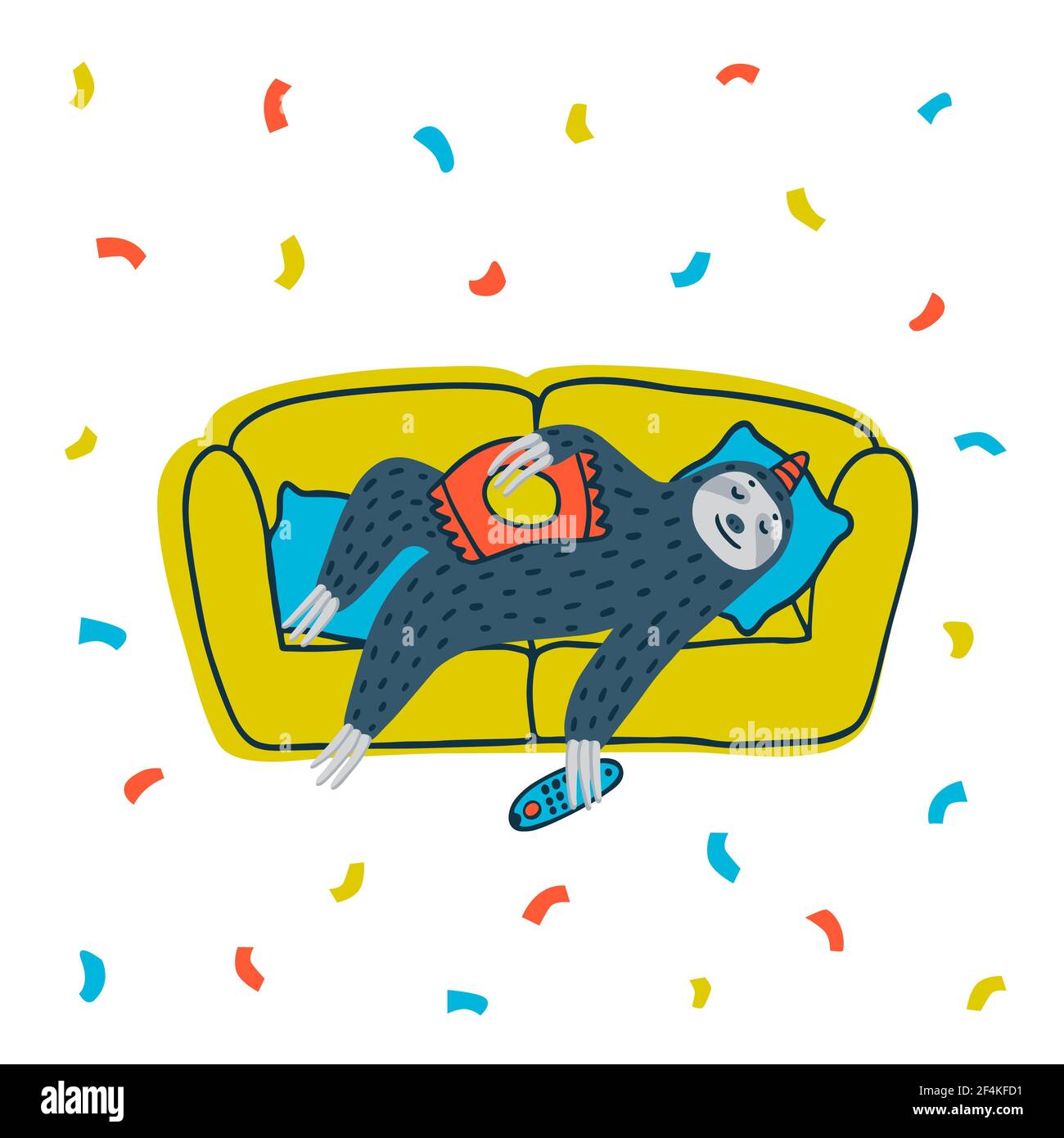 Animal party. Lazy sloth party. Cute sloth lying on the couch with TV ...