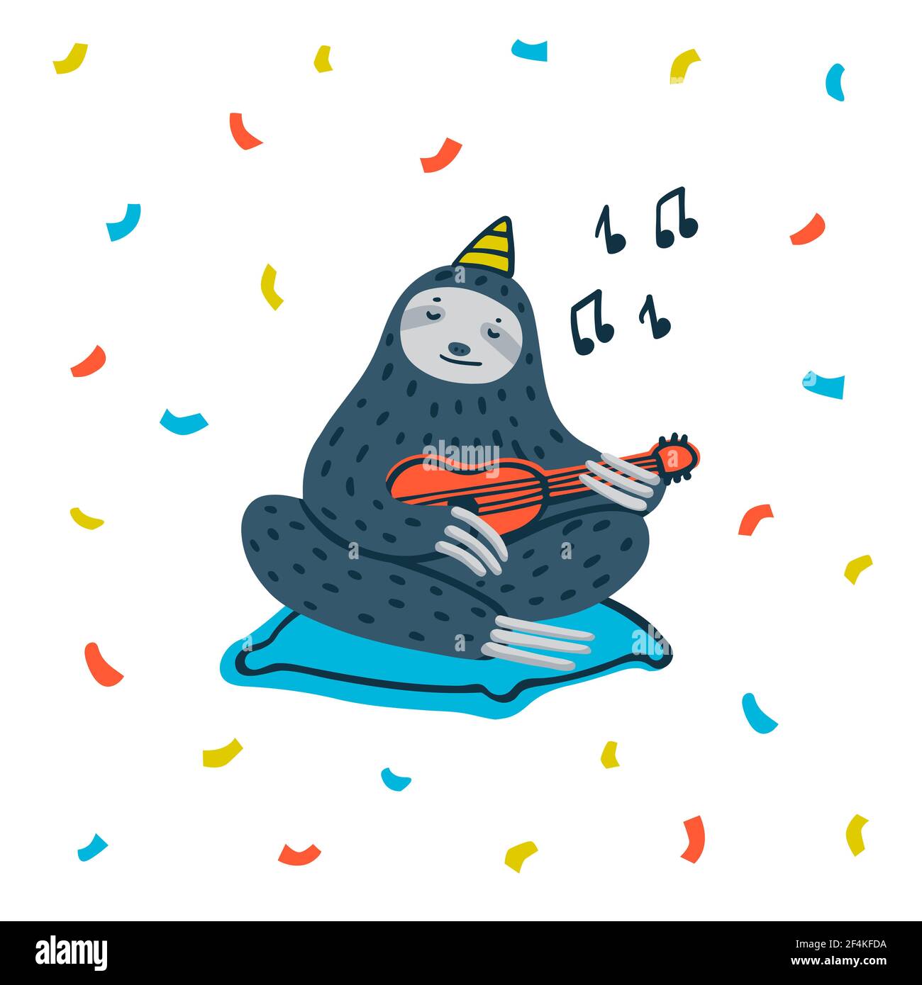 Animal party. Lazy sloth party. Cute sloth playing ukulele. Vector ...