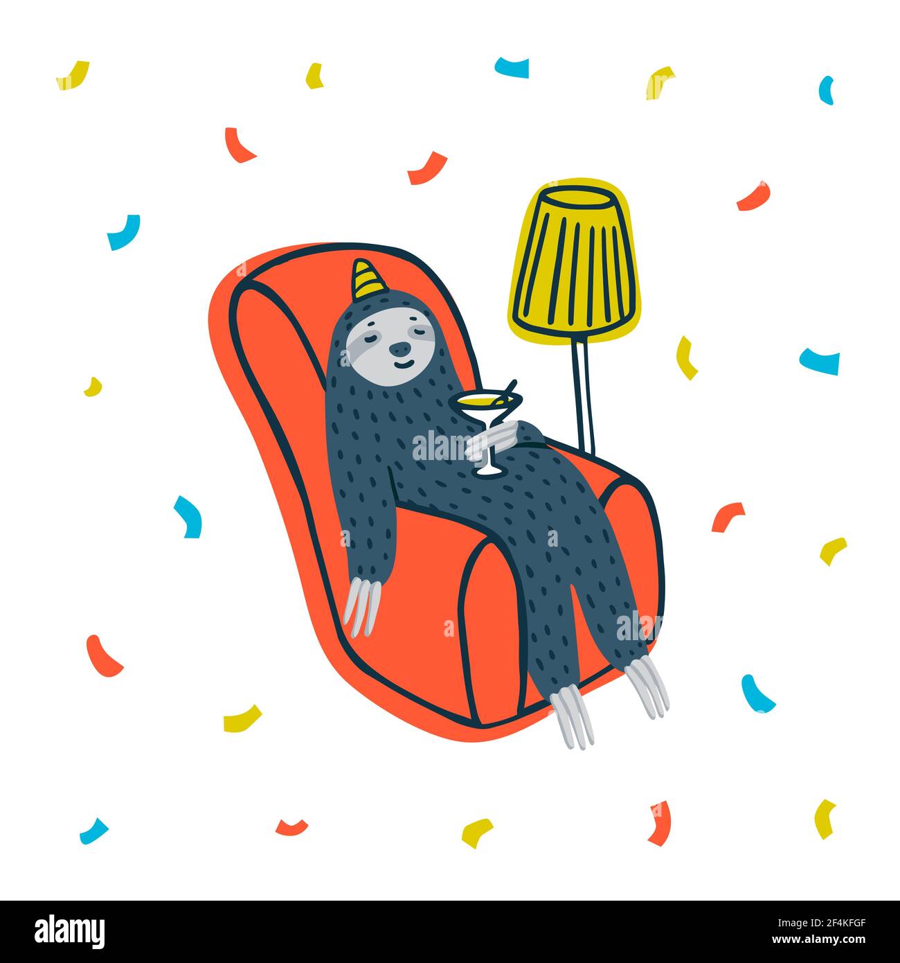 Animal party. Lazy sloth party. Cute sloth drinking a cocktail in cozy ...