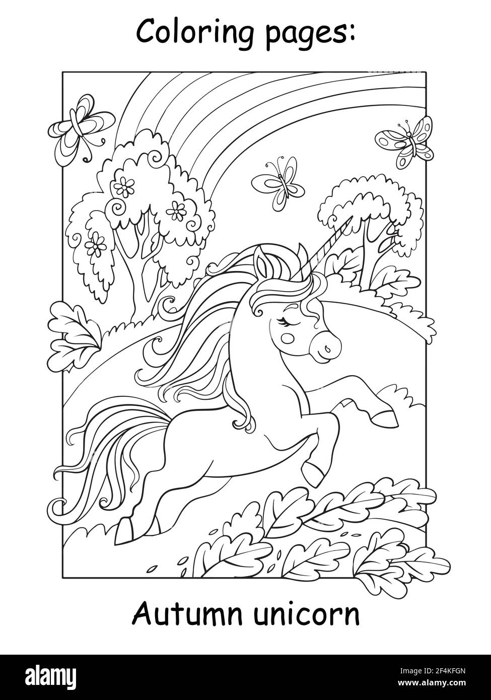 Cute running unicorn in the autumn forest. Coloring book page for ...