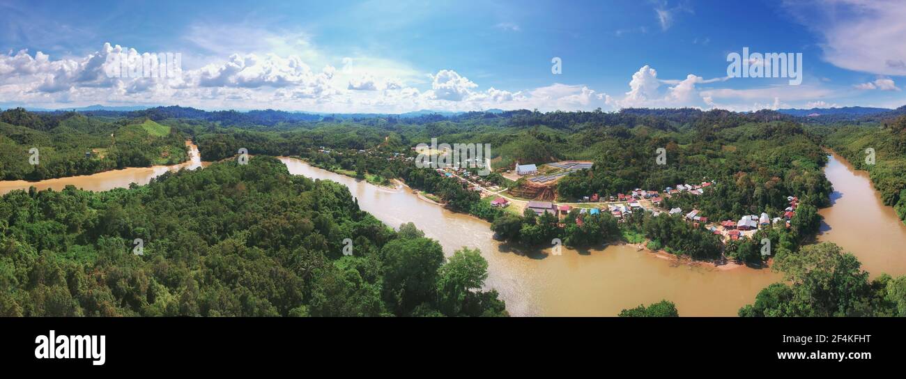 Aerial panoramatic view of traditional Dayak Longgie village in heart ...