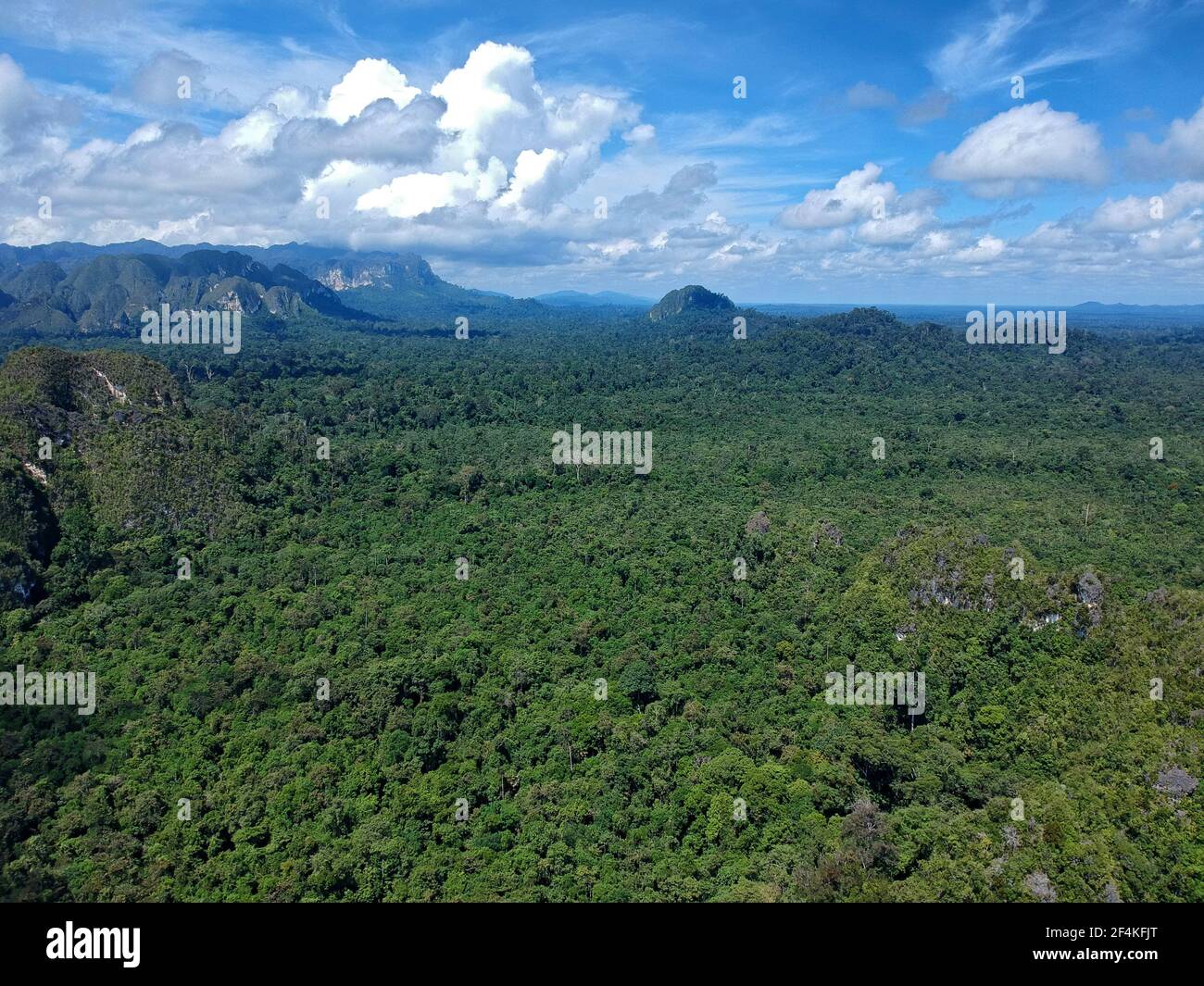 Aerial panoramatic view of rocks, Ketepu peak and jungle in the North ...
