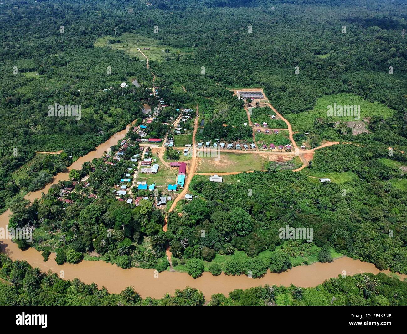 Aerial panoramatic view of traditional Dayak Longgie village in heart ...