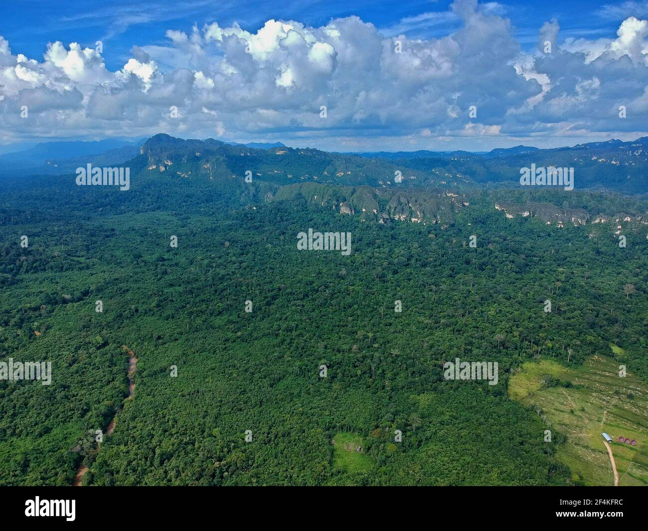 Aerial panoramatic view of rocks, Ketepu peak and jungle in the North ...