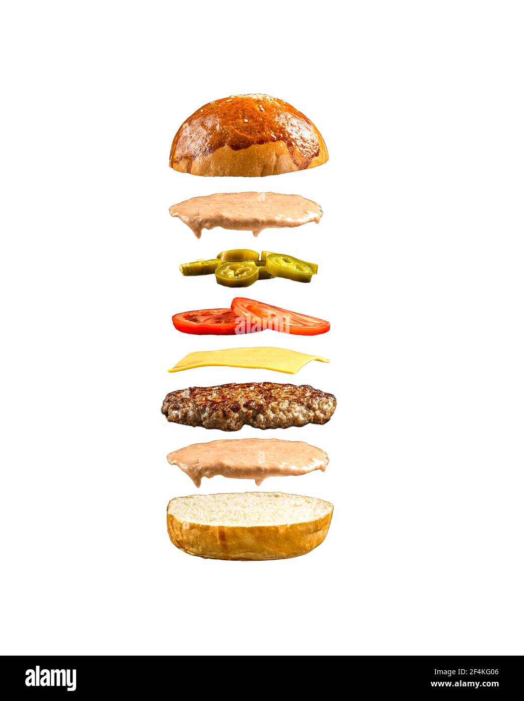 Isolated floating burger ingredients on the white Stock Photo - Alamy