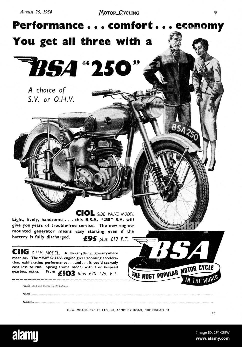 A vintage BSA advert from Motorcycling magazine, August 1954 Stock ...