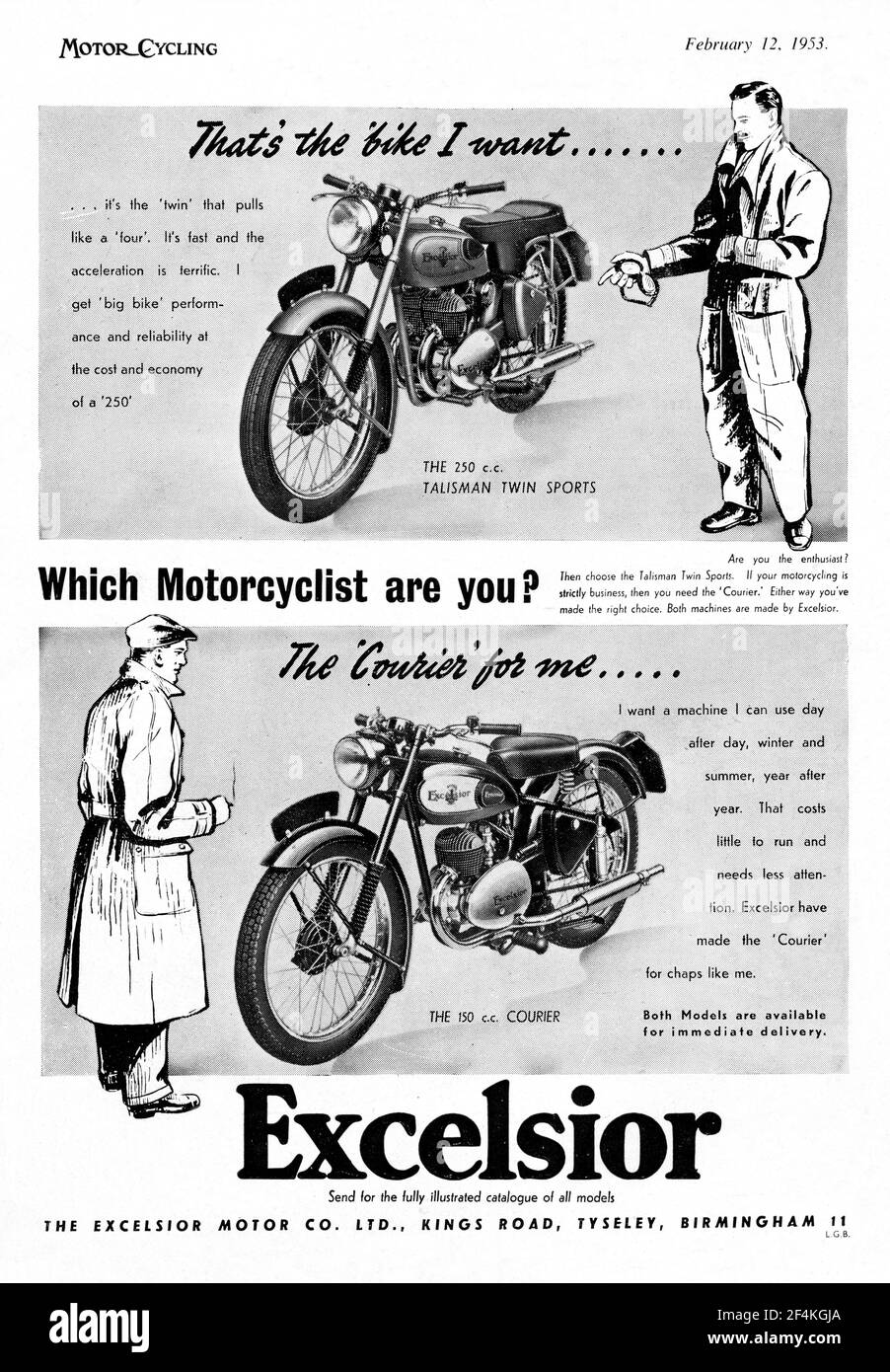 A vintage Excelsior advert from Motorcycling magazine, February 1953 ...