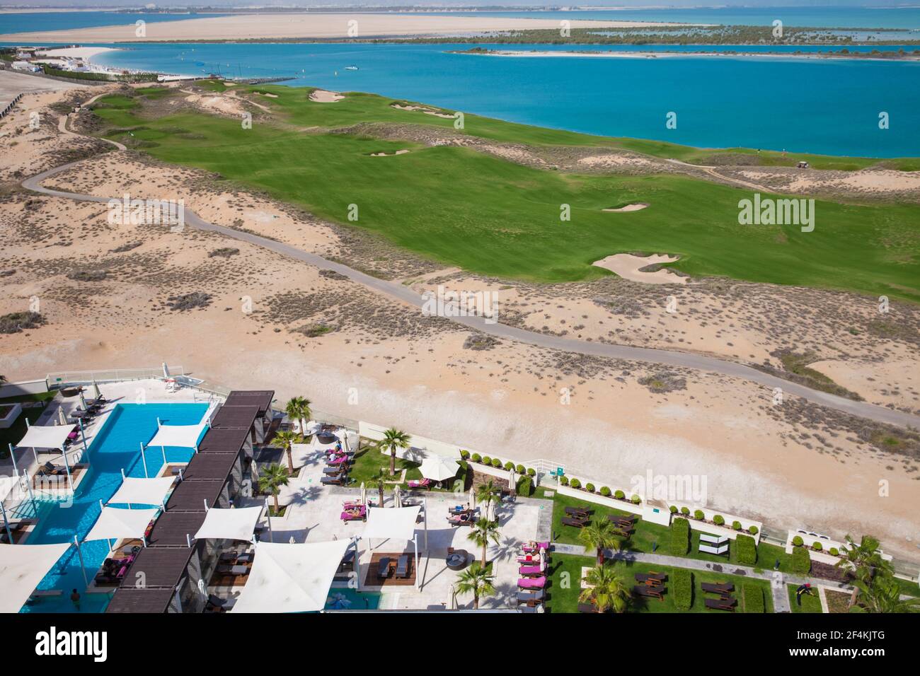 United Arab Emirates, Abu Dhabi, Yas Island, View of Yas Golf Club and ...
