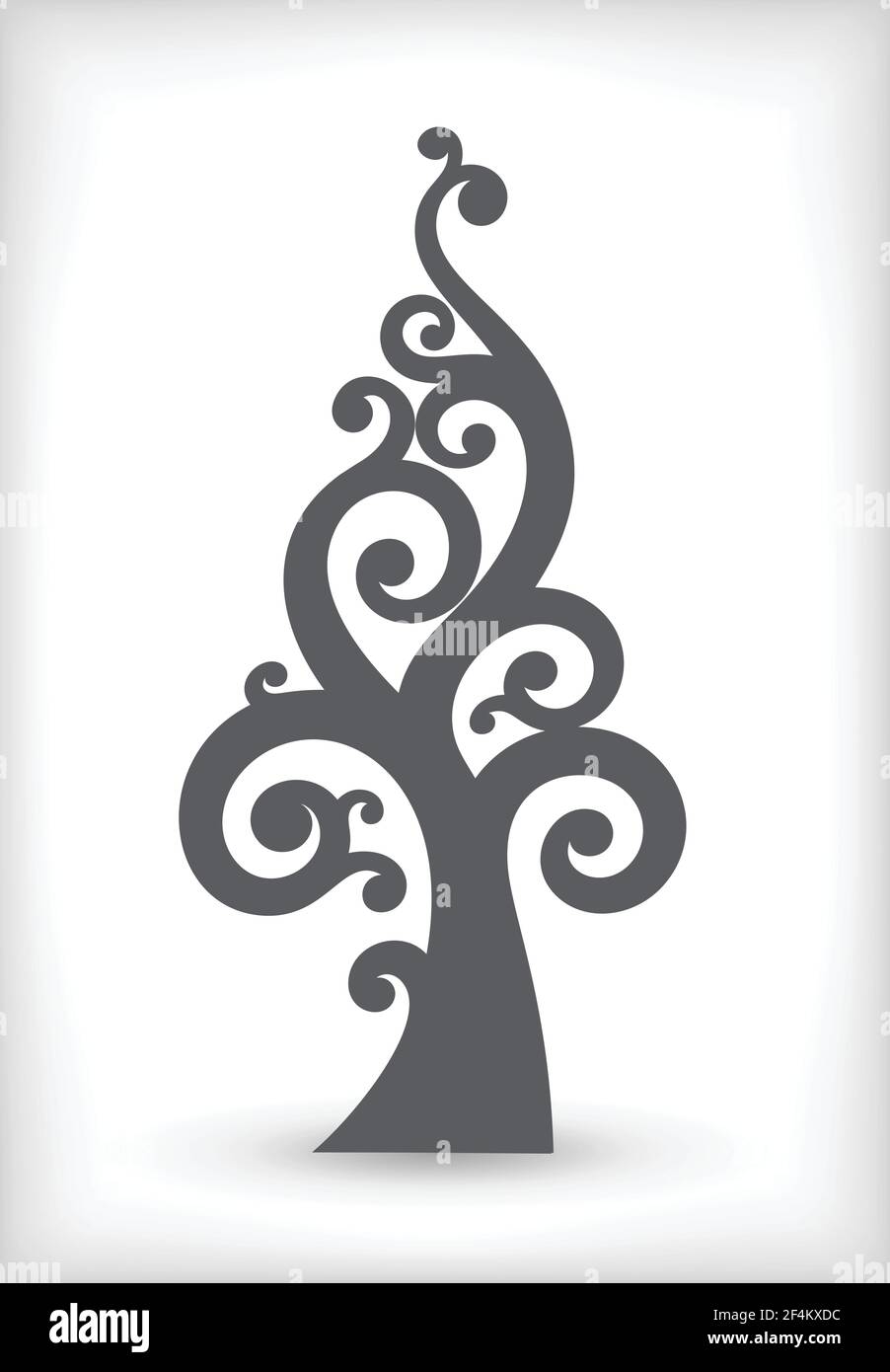 Black tree with swirl flourishing. White background with vignette ...