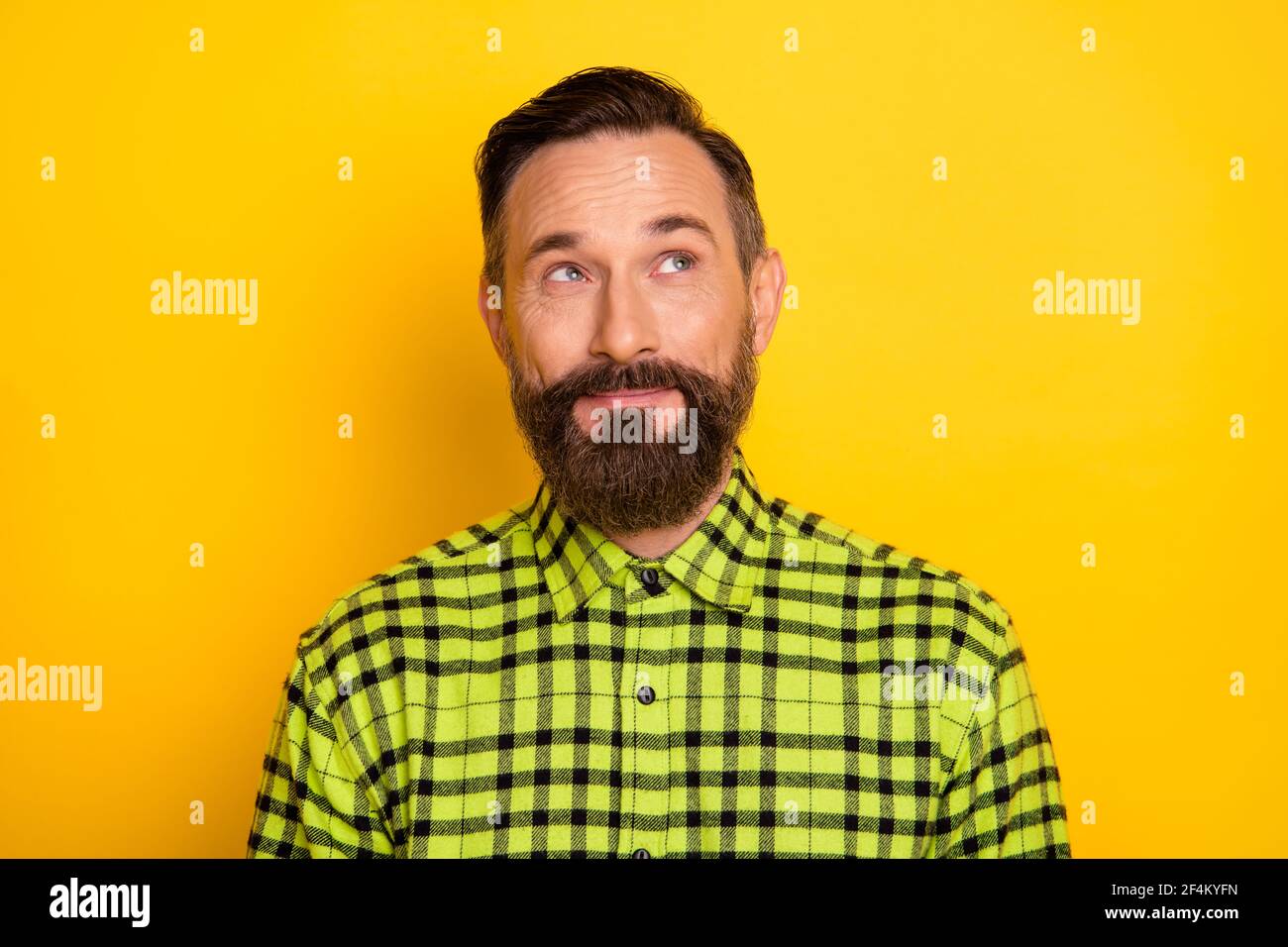 Photo of aged handsome man happy positive smile dream dreamy look empty ...