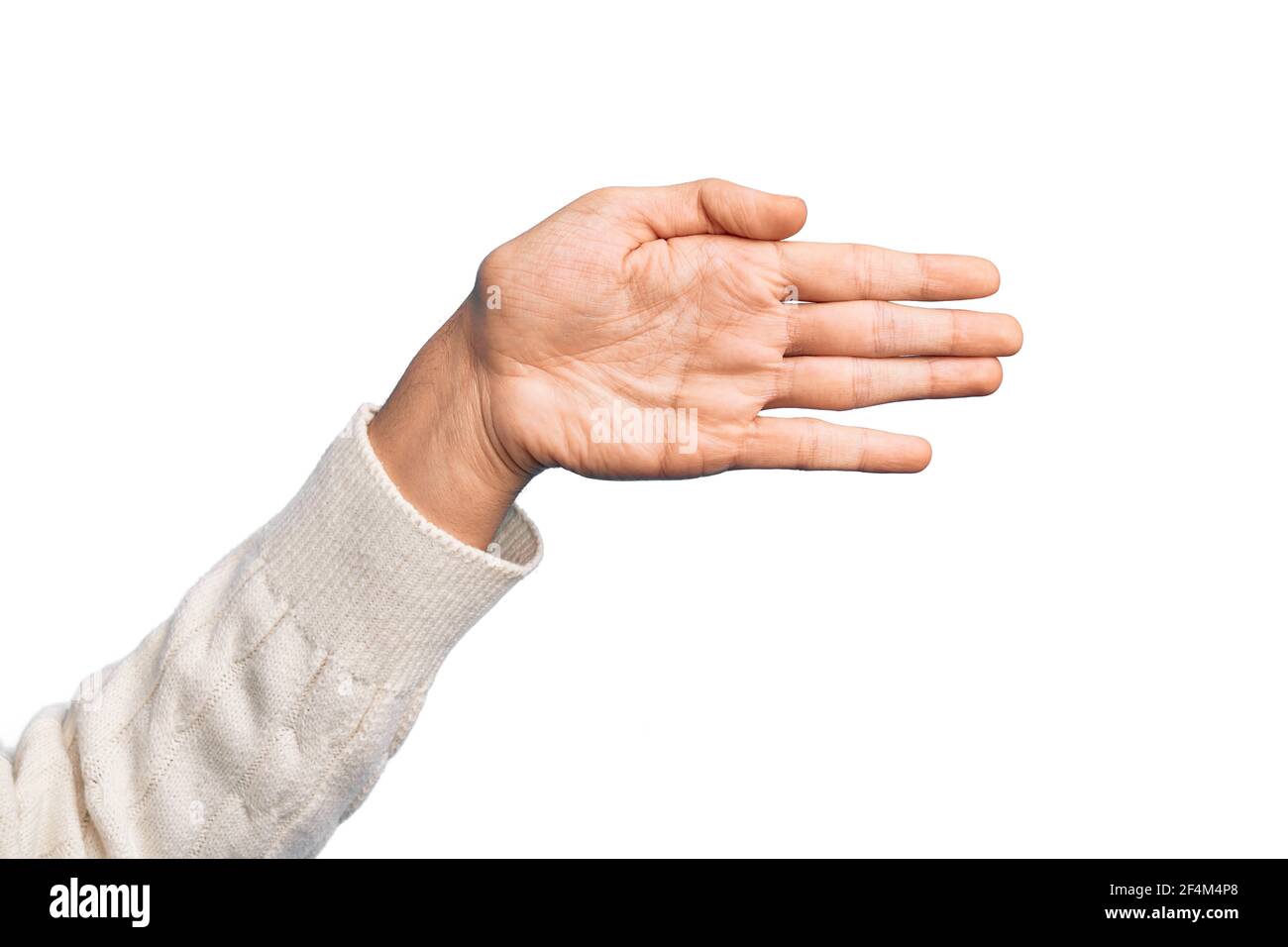 Hand of caucasian young man showing fingers over isolated white ...