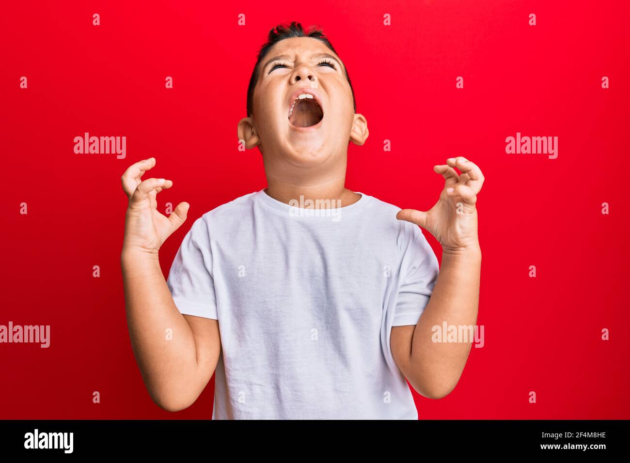 Little boy hispanic kid wearing casual white tshirt crazy and mad ...