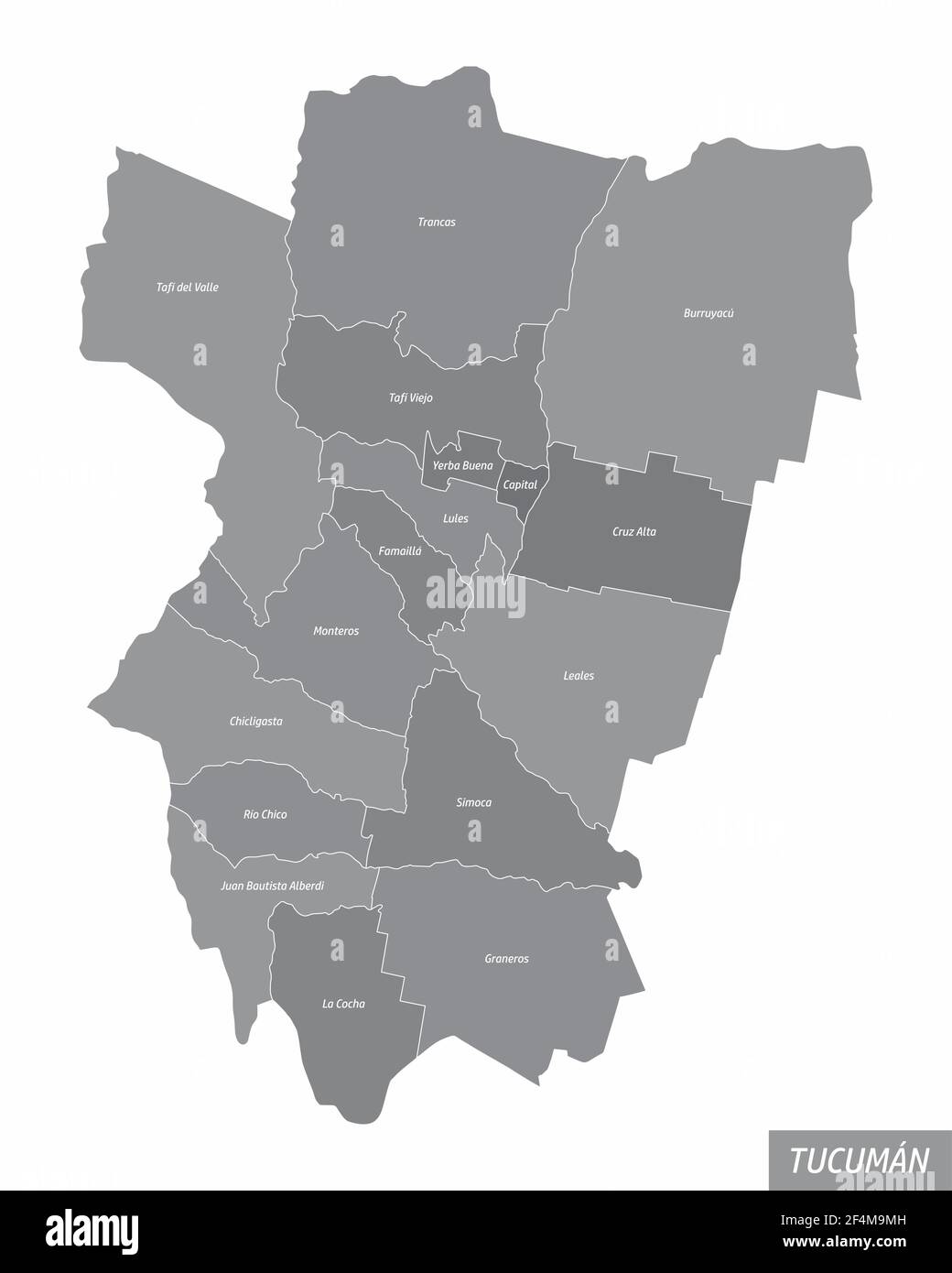 The Tucuman province isolated map divided in departments with labels ...
