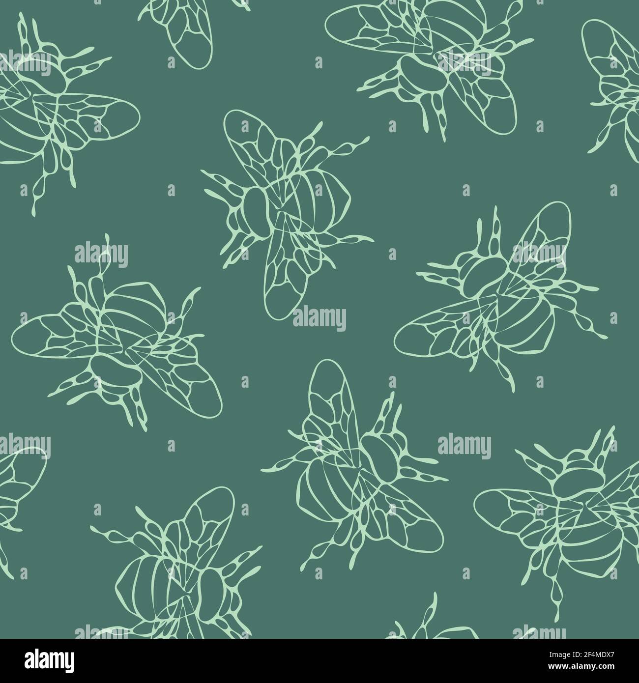 Seamless vector pattern with outlined bees on teal blue background ...