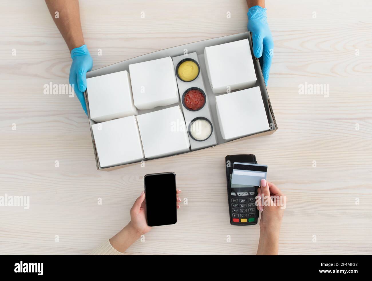 Modern food delivery at home or office, eco package during COVID Stock ...