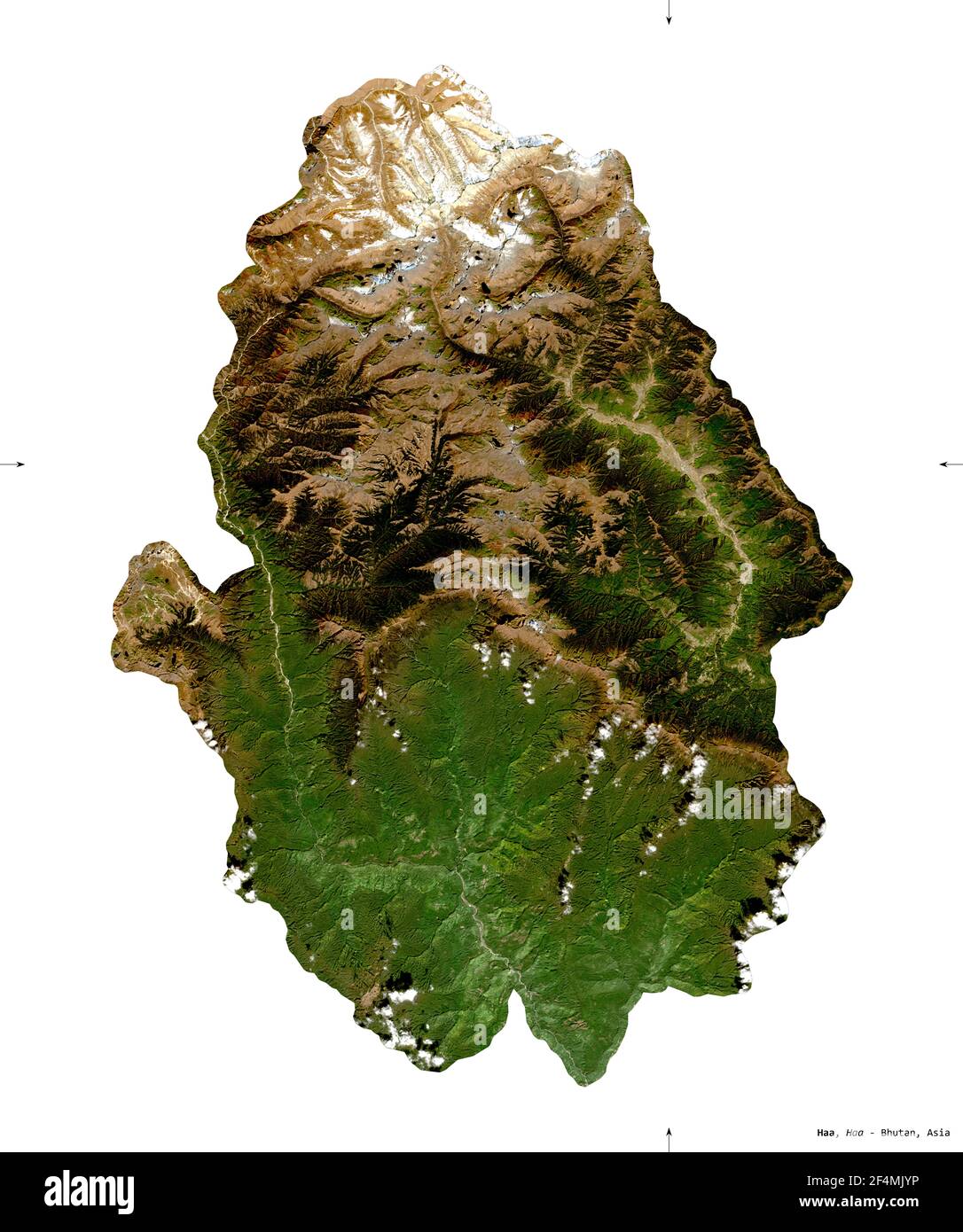 Haa, district of Bhutan. Sentinel-2 satellite imagery. Shape isolated ...