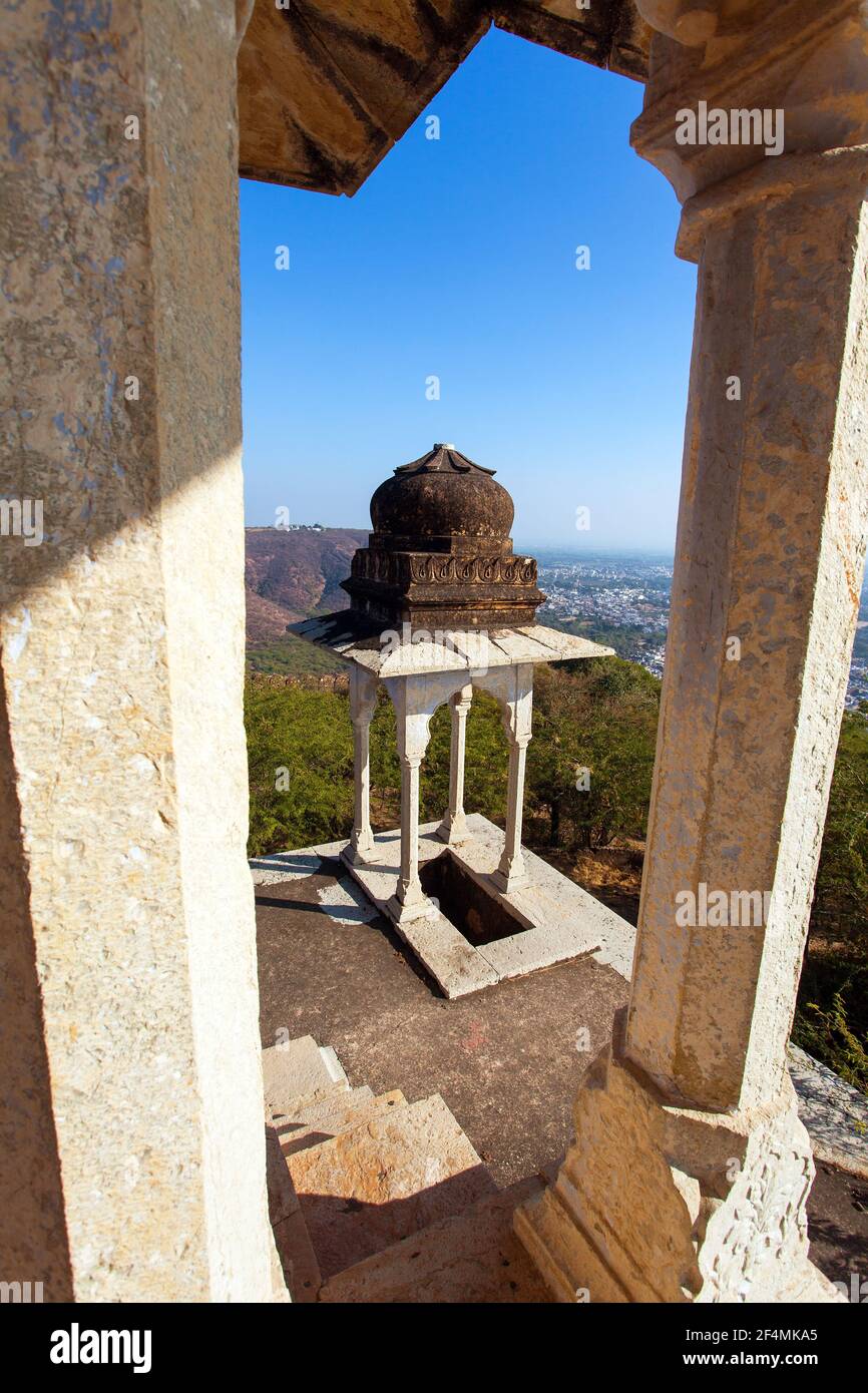 Detail of upper part of Taragarh fort in Bundi town, typical medieval ...
