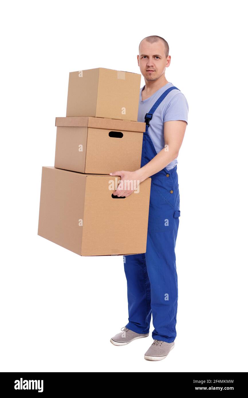 portrait of man loader in uniform with heap of boxes isolated on white ...