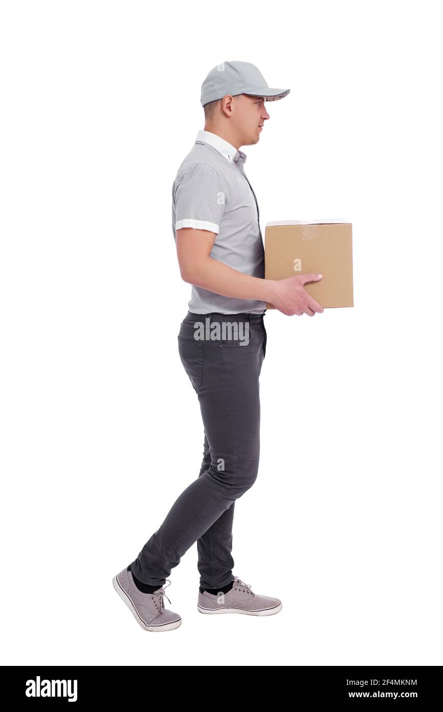 postman or deliveryman walking with box isolated on white background ...