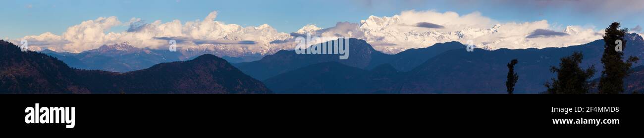 Morning panoramic view of mount Chaukhamba, Himalaya, panoramic view of ...