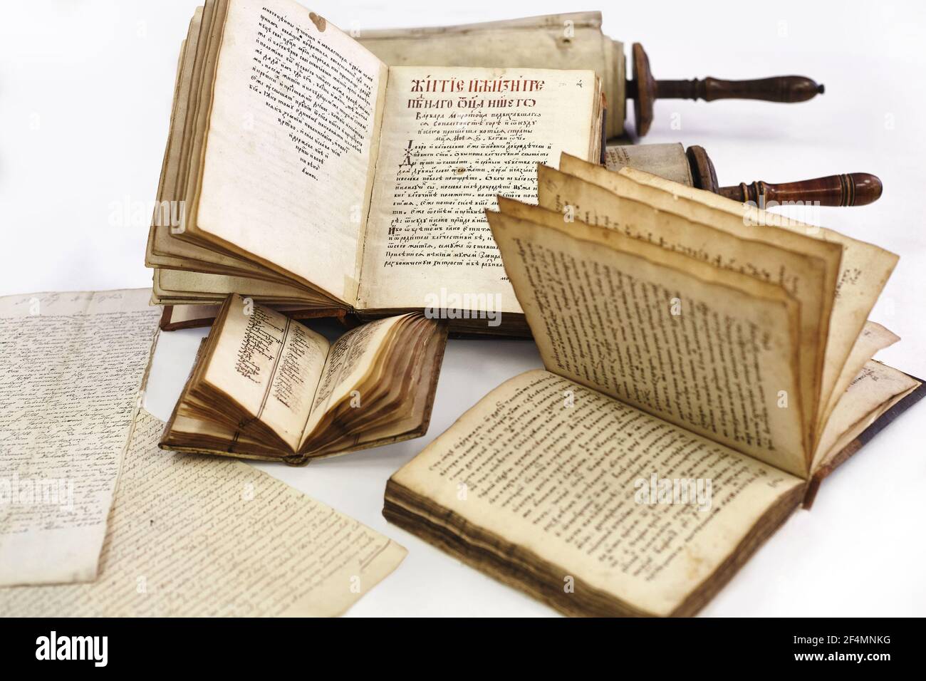 Still life with ancient books. Old religious Slavonic books with ...