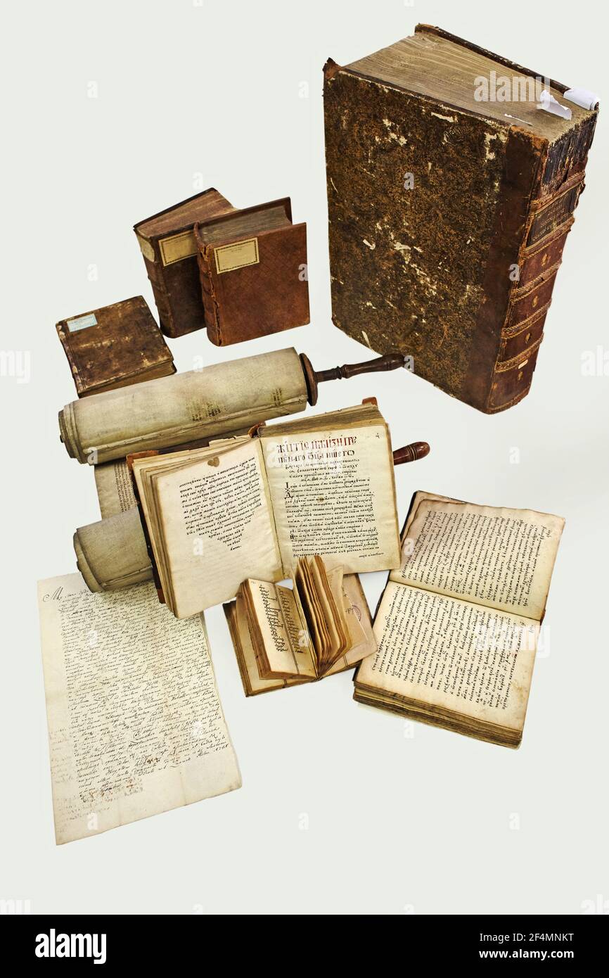 Still life with ancient books. Old religious Slavonic books with ...