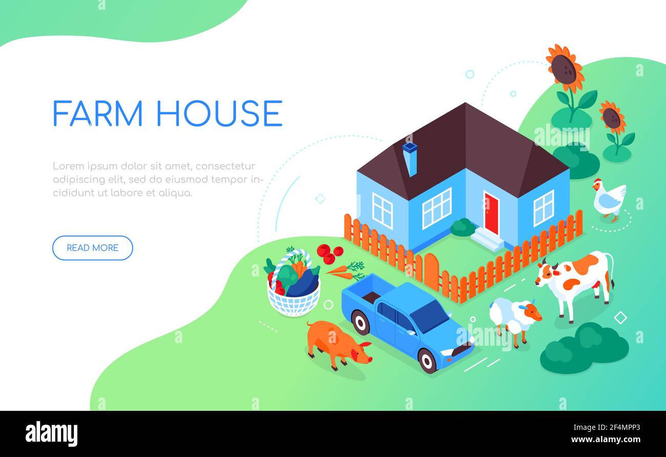 Farm house - modern colorful isometric web banner with copy space for ...