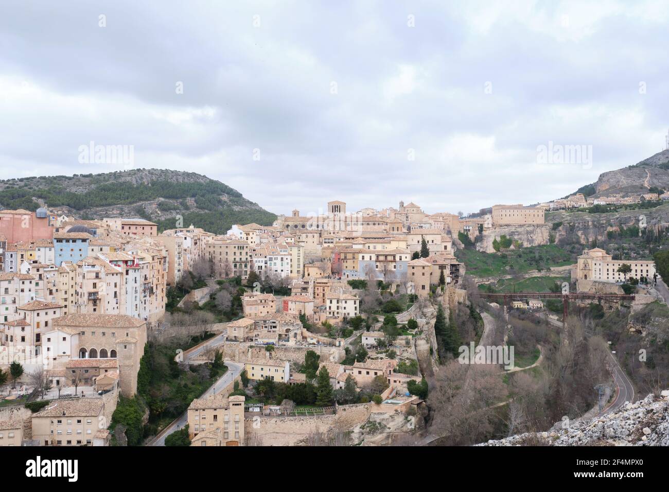 View of the cathedral and the city of Cuenca (Spain) taking from a hill ...