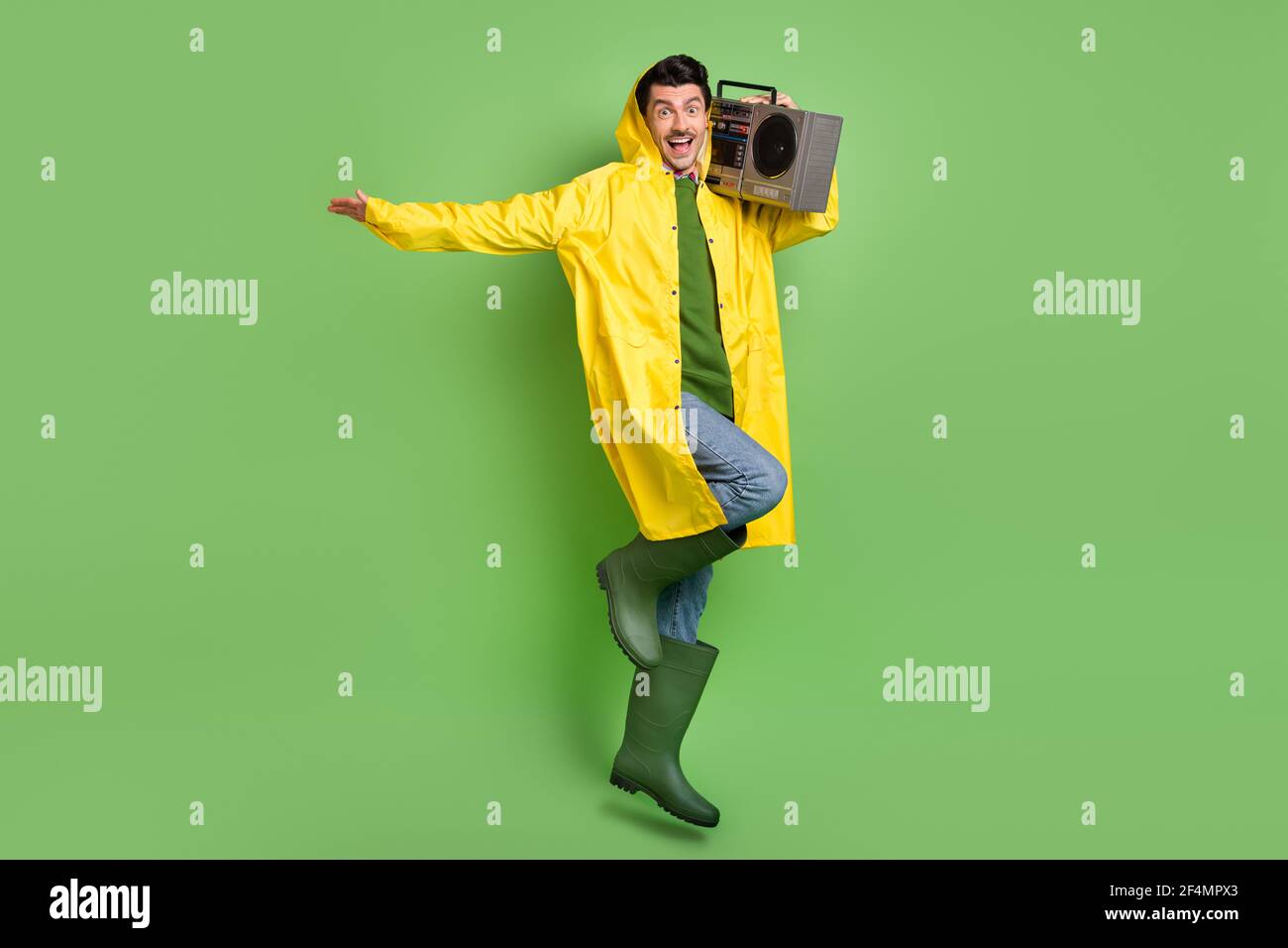 Full size photo of young happy excited crazy funky man dancing hold ...