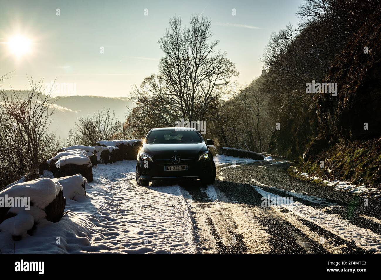 Dramatic front view of Mercedes Benz Virtuo on a mountain road ...