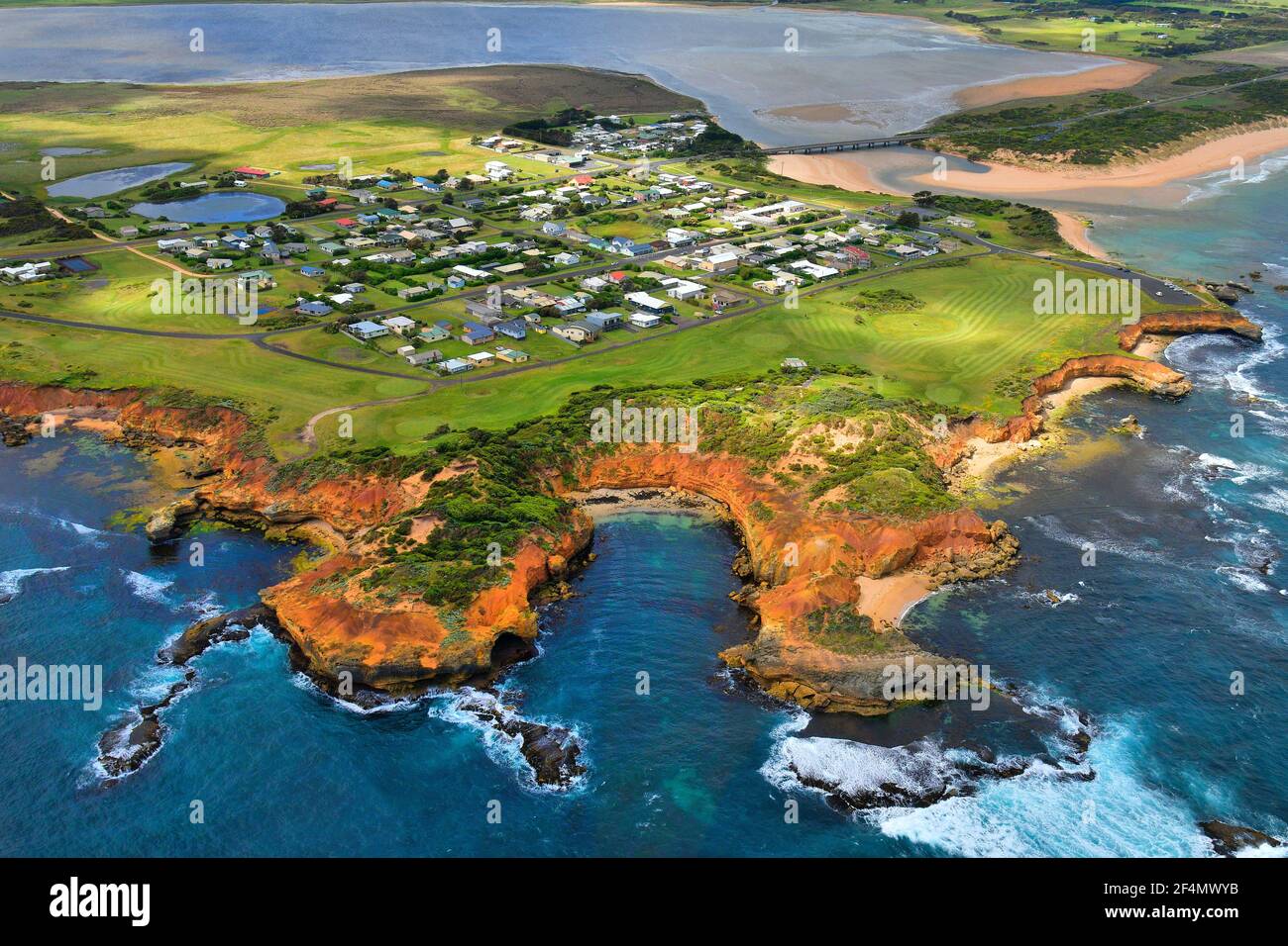 Australia, VIC, Port Campbell village with sherbrook river and coast in ...