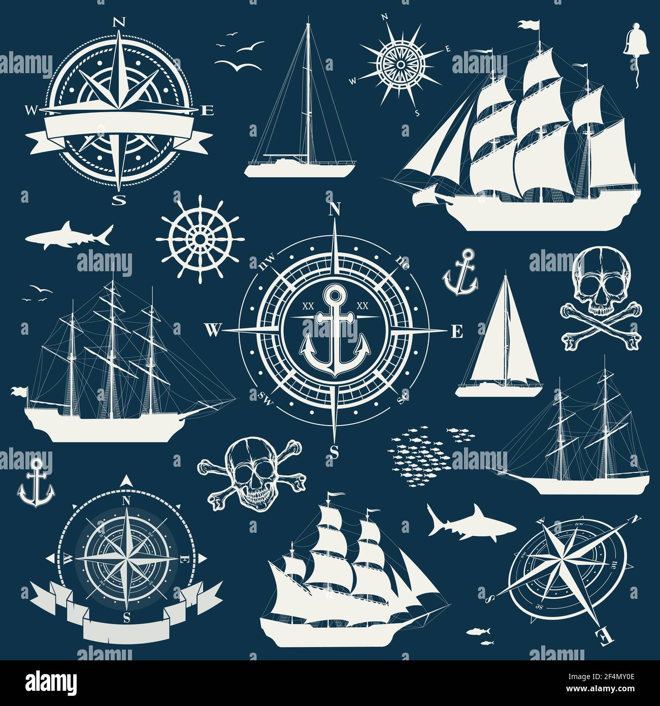 Set of nautical design objects, sailing ships, yachts, compasses Stock ...