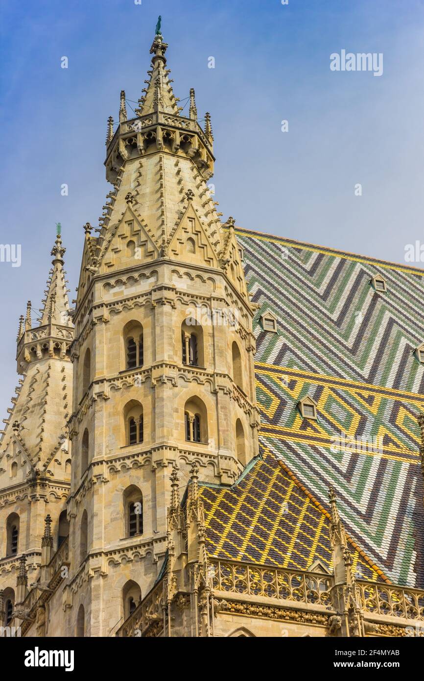 Towers of the historic Stephansdom church in Vienna, Austria Stock ...