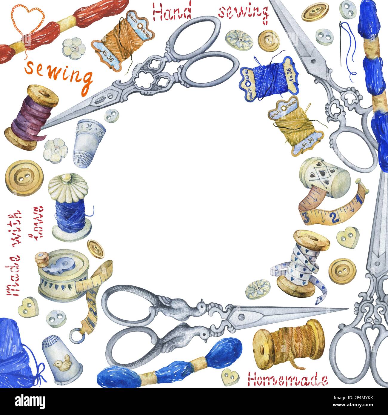 Round frame with various vintage objects for sewing, handicraft and ...