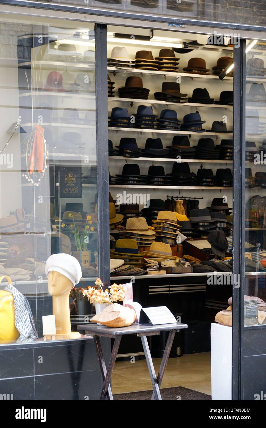 COLOGNE, GERMANY - Mar 20, 2021: Nicely decorated hat store in the ...