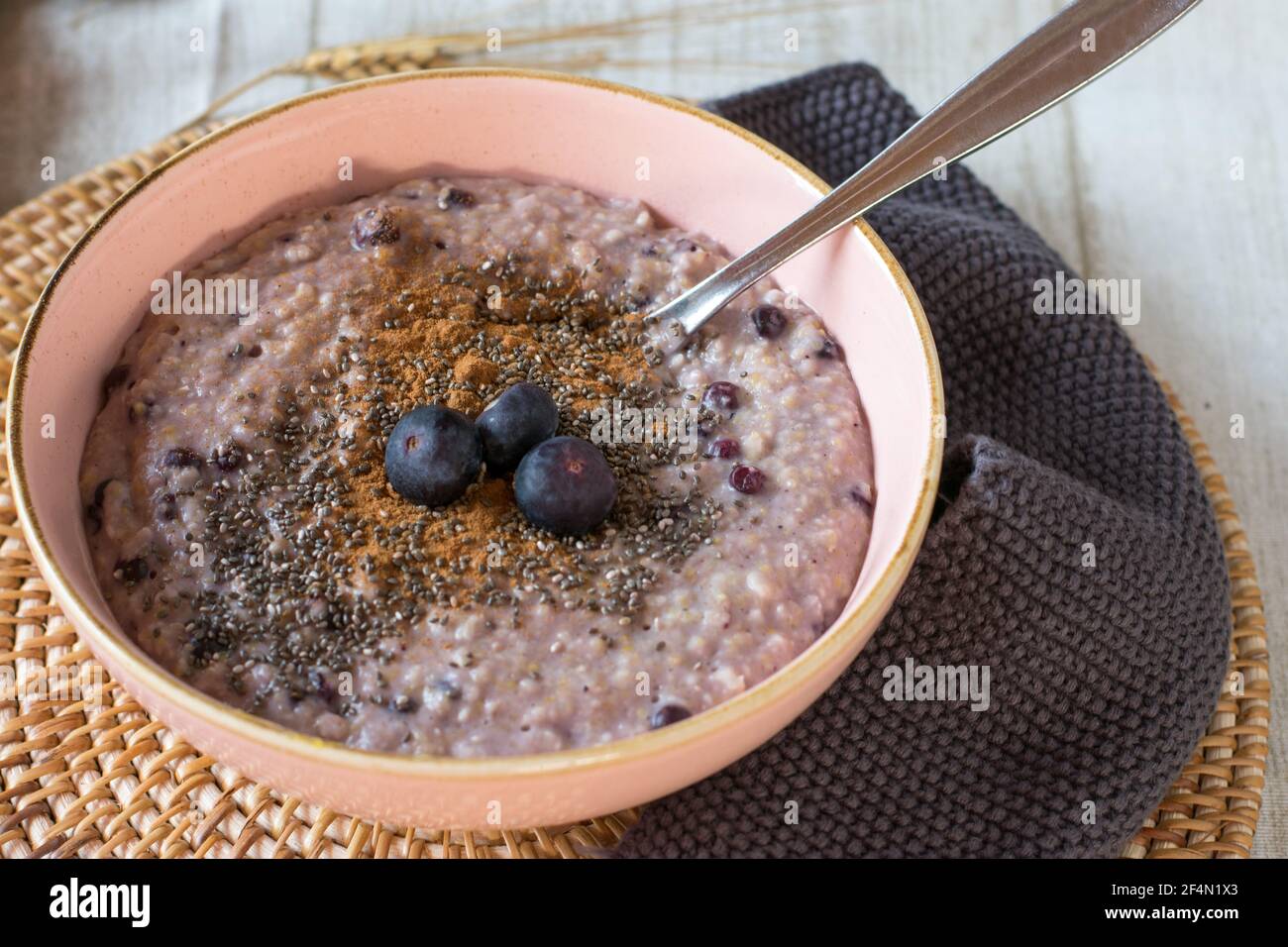 healthy breakfast porridge with blueberries, chia seeds and cinnamon ...
