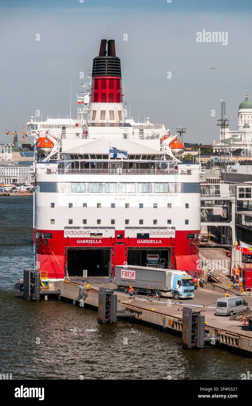 A lorry or a Heavy Goods Vehicle disembarking the Viking ferry moored ...