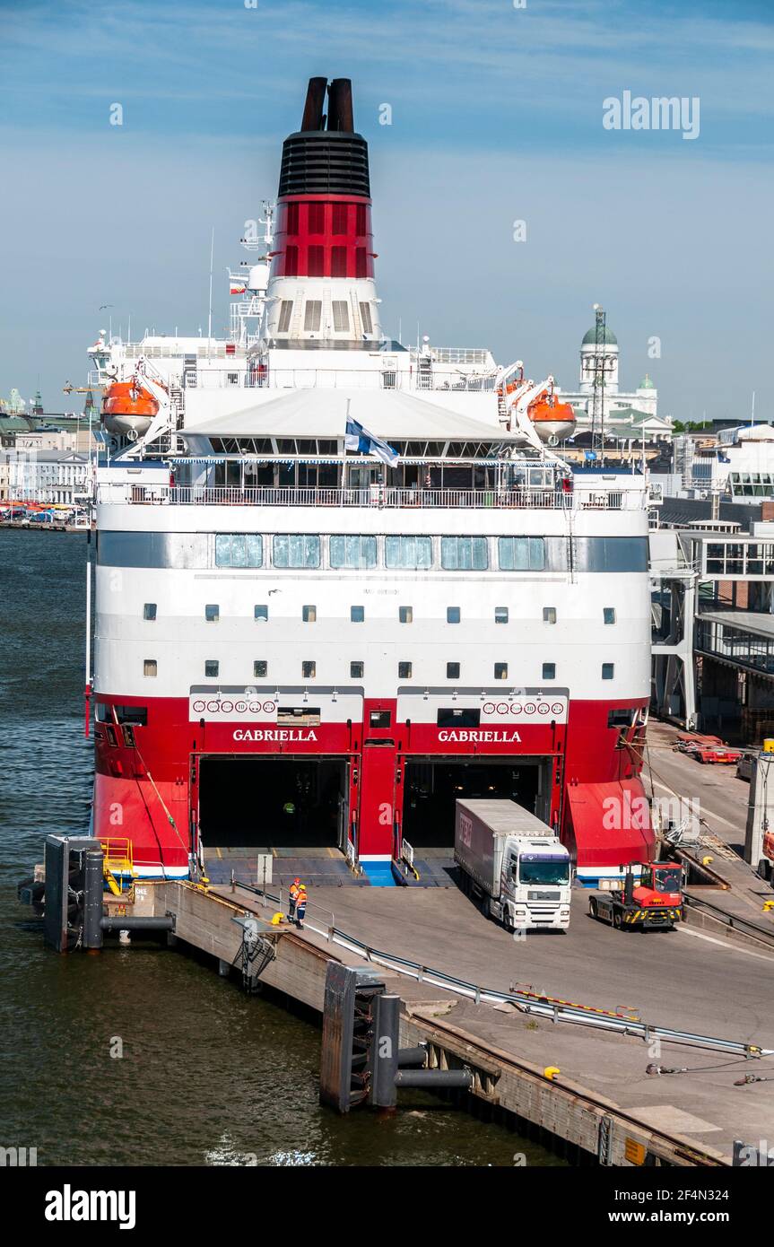 A lorry or Heavy goods vehicle disembarking the Viking ferry moored at ...