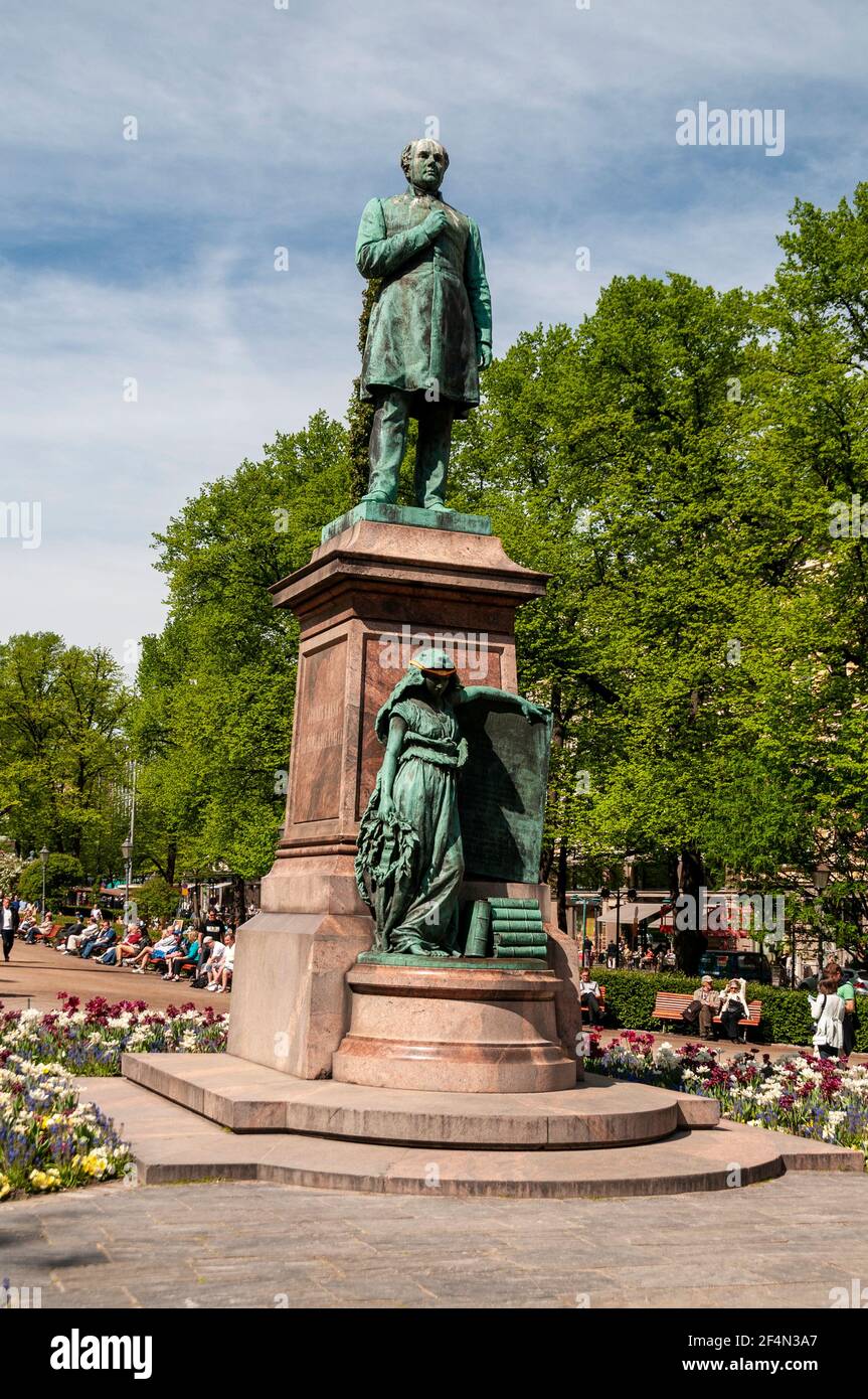 The statue of the Finnish national poet Johan Ludvig Runeberg stands in ...