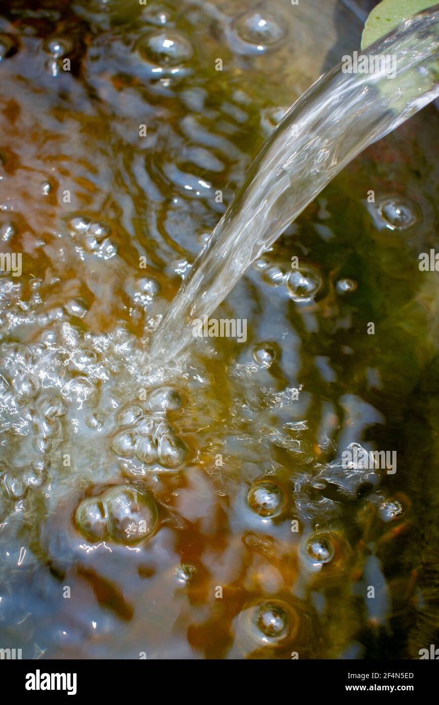 Close-up shot overflow flowing water from the pond to the small river ...