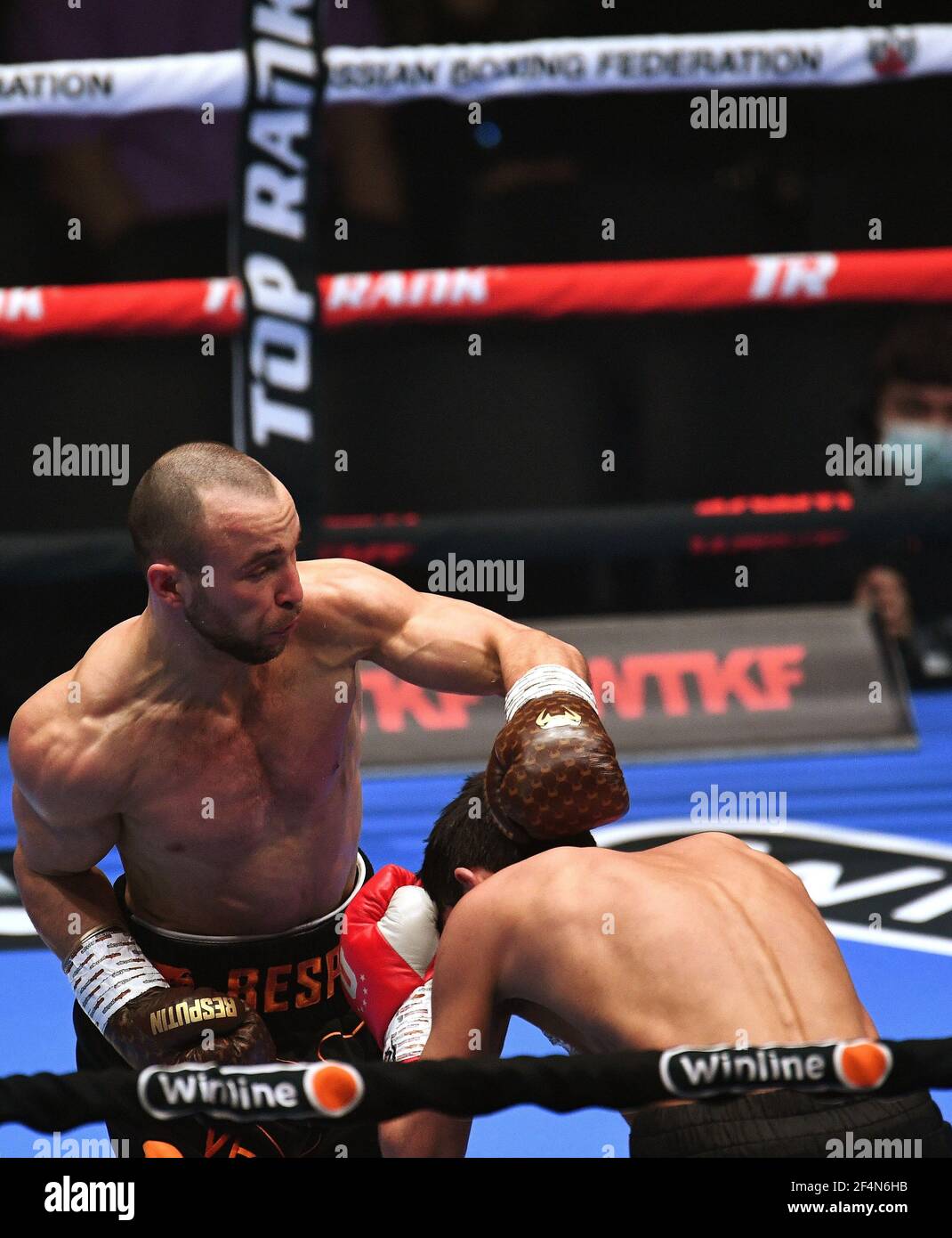 An evening of professional boxing at the Megasport Sports Palace. Russian athlete Alexander ...