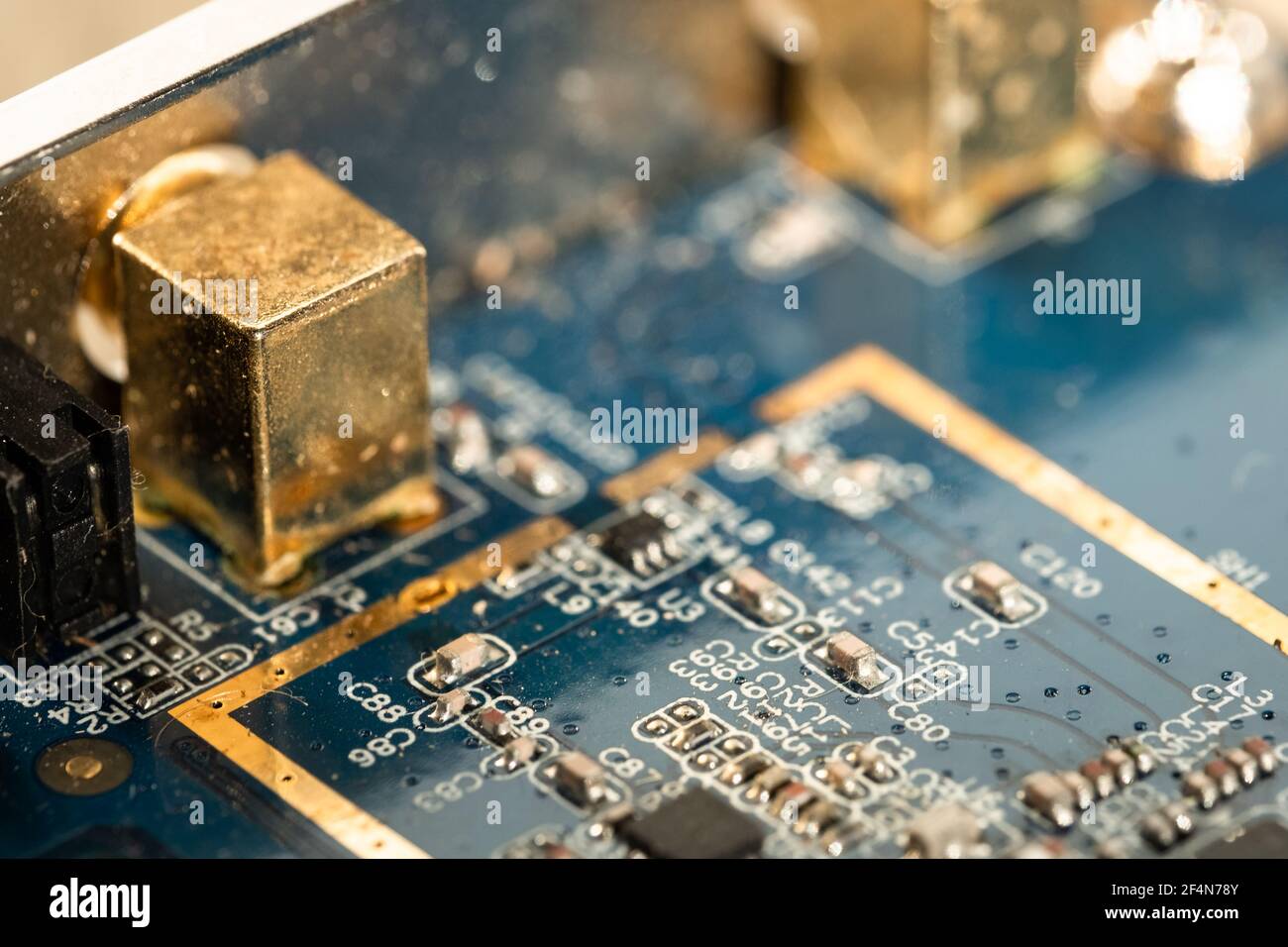 Close-up, shallow focus of surface mounted components seen on the PCB ...