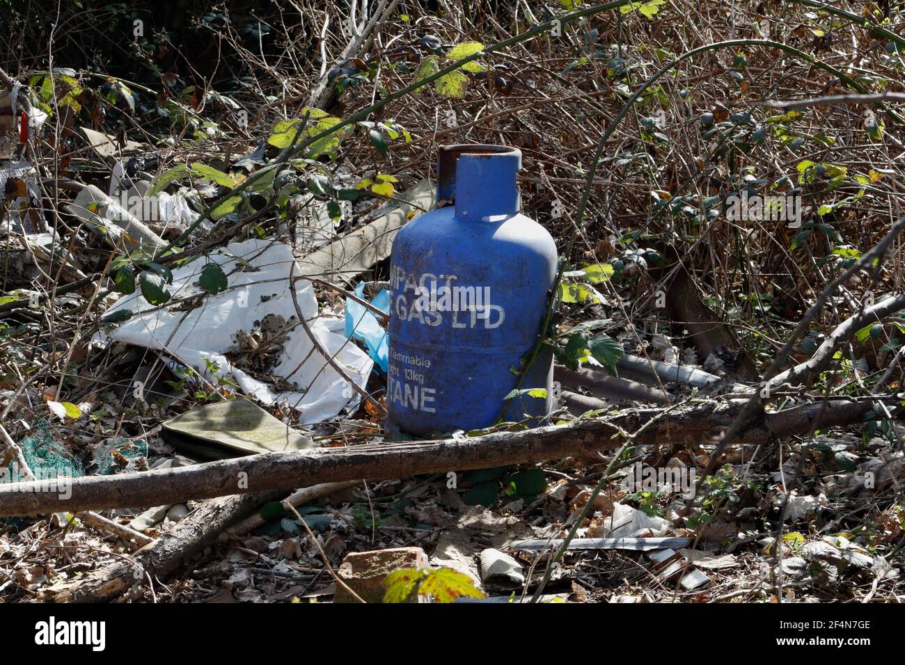 Old gas cylinder dumped on abandoned allotment Stock Photo - Alamy